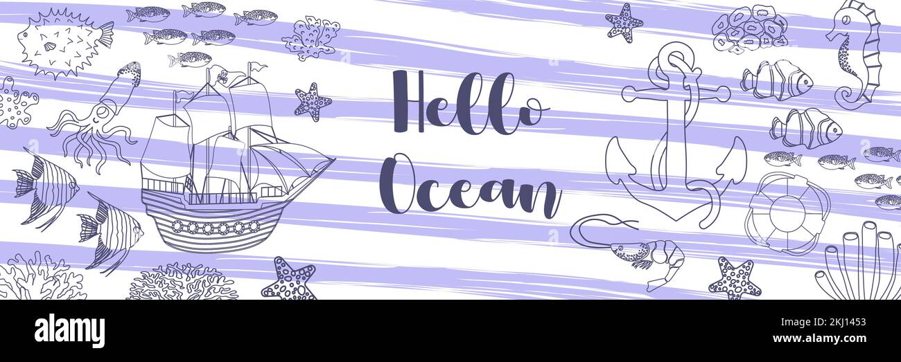 Vector ocean illustration with ship,lifebuoy,anchor,squid,fish,corals ...