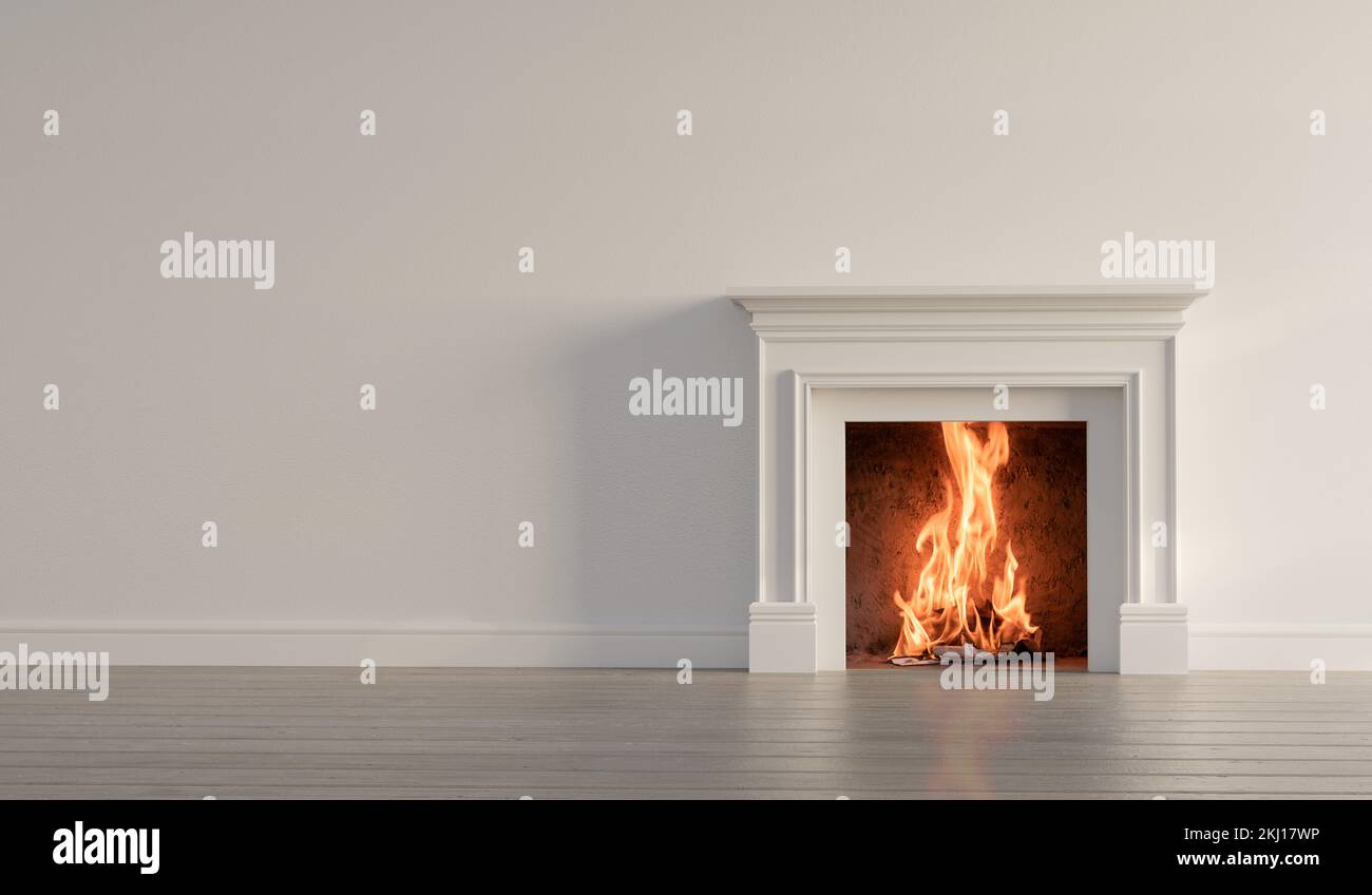 Large traditional fireplace with roaring fire. Empty mantle piece ...