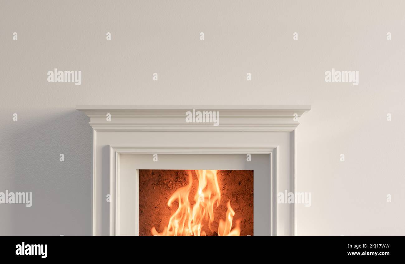 Large traditional fireplace with roaring fire. Empty mantle piece ...