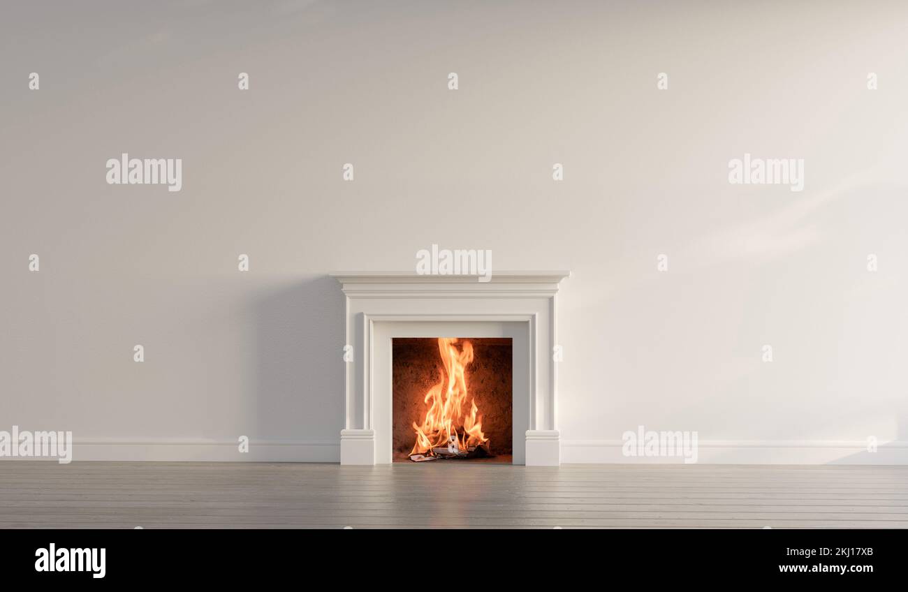 Large traditional fireplace with roaring fire. Empty mantle piece ...