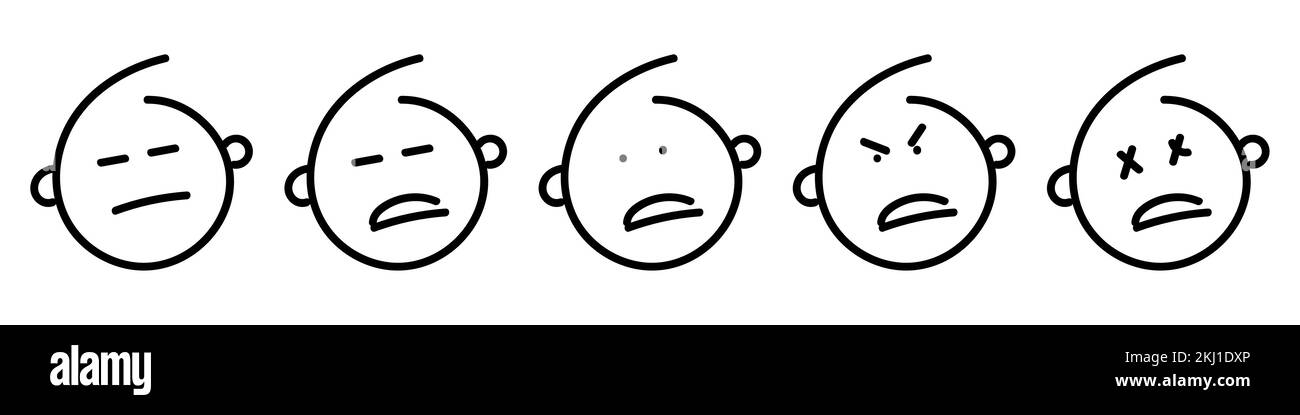 Set of outline emoticons doodle sad face icon. Black line emoji on ...