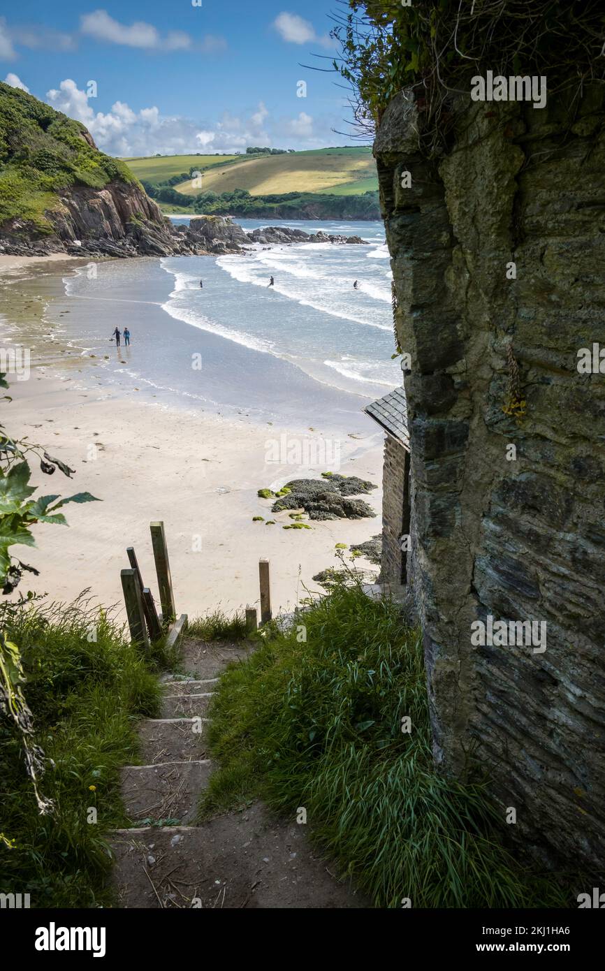 Walks steps onto the beach at Mothecome, Devon UK Stock Photo - Alamy