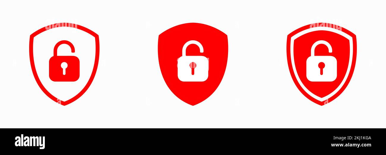 Icon or symbol set of a shield with a opened padlock. Sign unlock ...