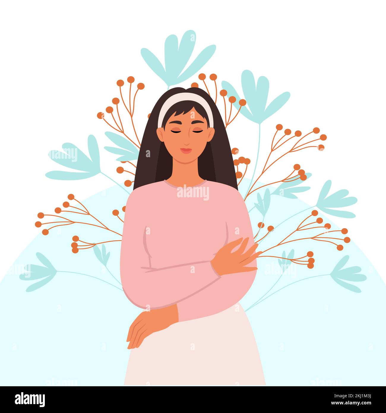 Woman hugs herself, concept of psychological health and self love ...