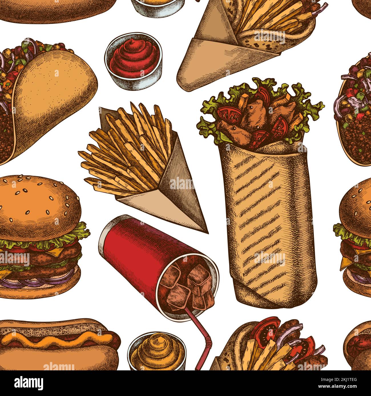 Street food seamless pattern background design. Engraved style. Hand ...