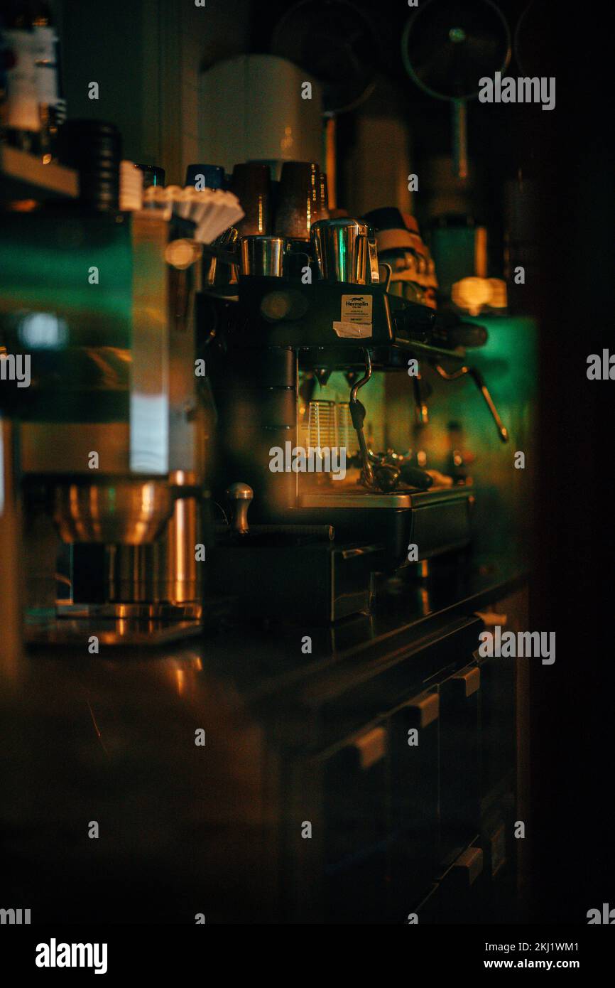 coffee shop at night seen from the window outside Stock Photo - Alamy