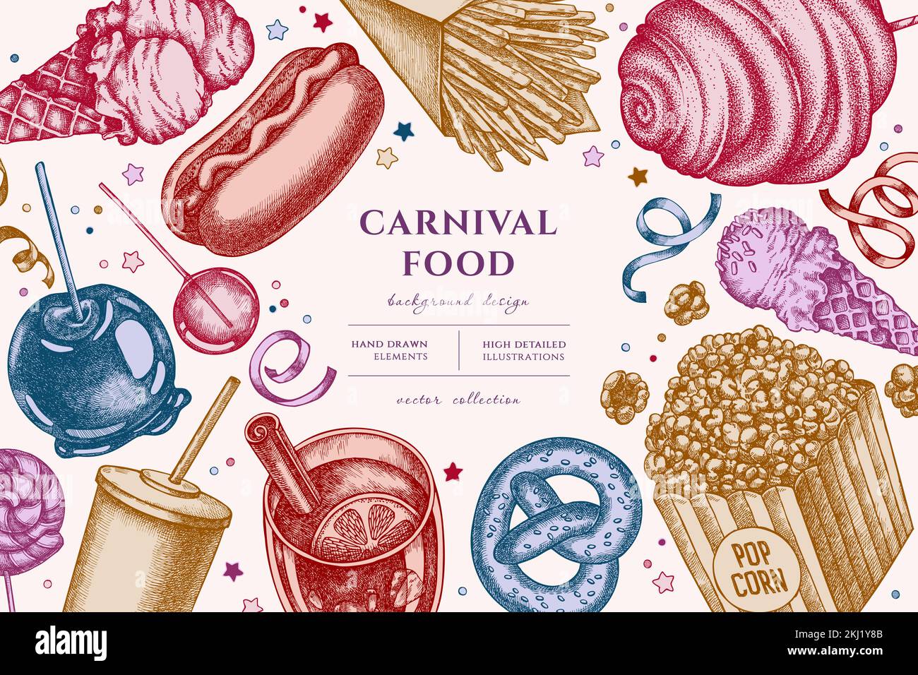 Carnival food hand drawn illustration design. Background with vintage ...