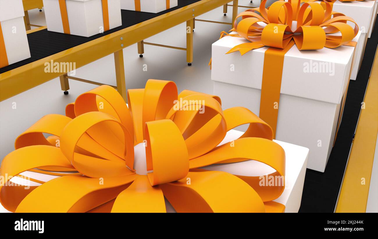 Gift boxes on conveyor. Computer generated 3d render Stock Photo - Alamy