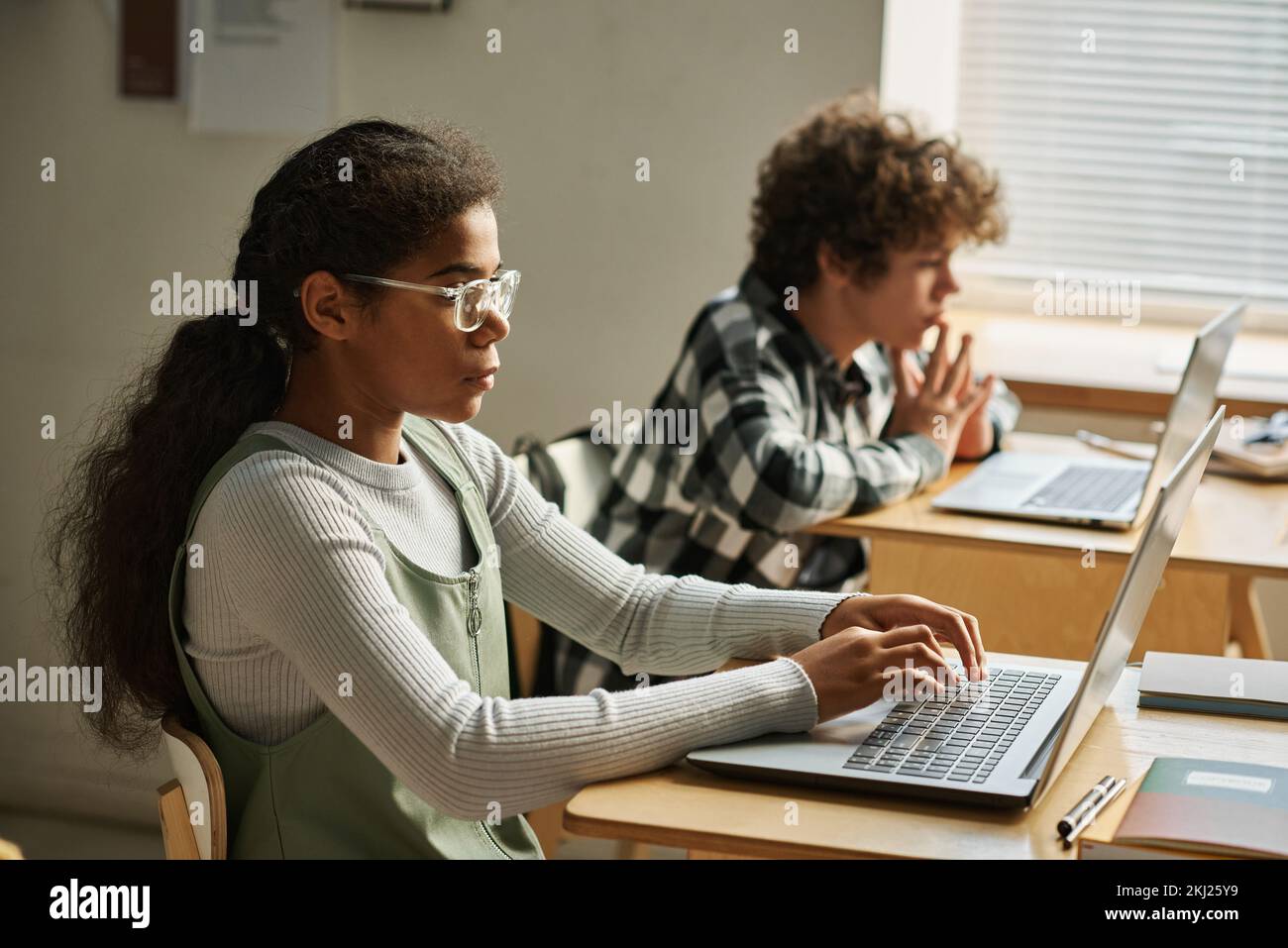 African American schoolgirl in eyeglasses examining computer program on ...