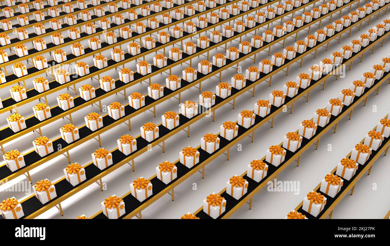 Gift boxes on conveyor. Computer generated 3d render Stock Photo - Alamy