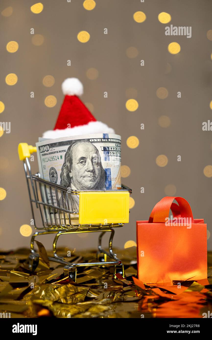 Christmas and New Year's Shopping - Cart, Bag and Dollars. Holiday ...