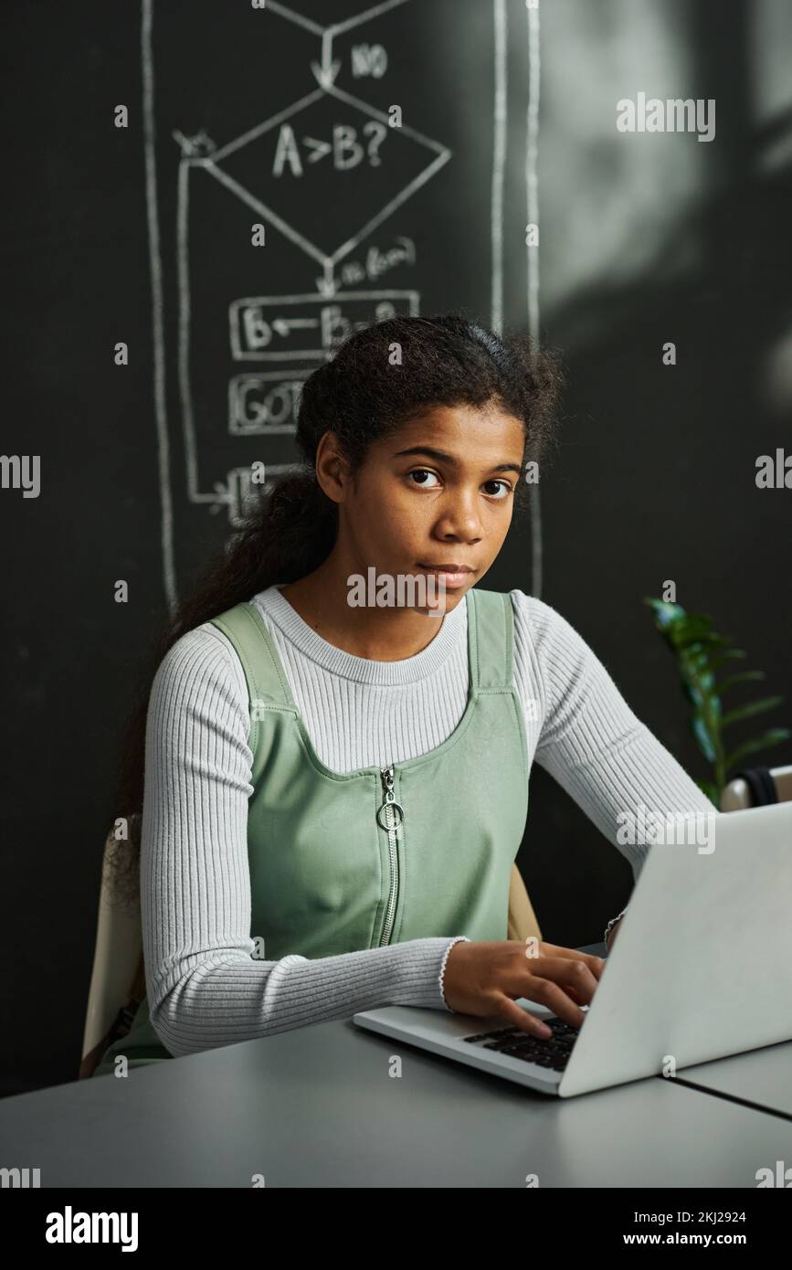 Portrait of African American schoolgirl looking at camera while sitting ...