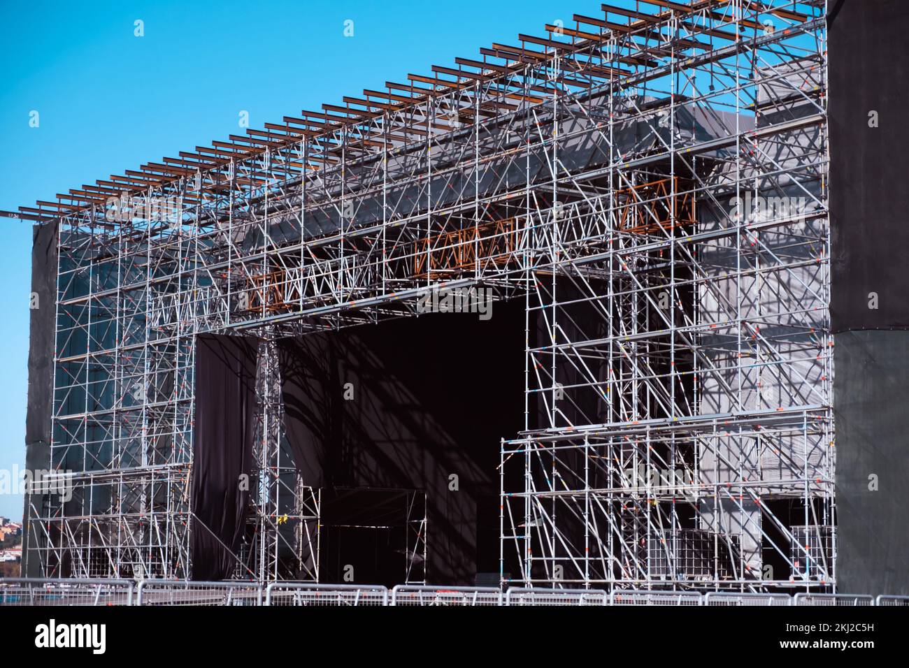 Installation of professional concert equipment. Lifting of line array ...