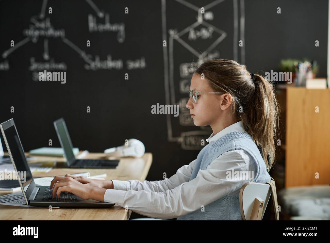 Schoolgirl in eyeglasses concentrating on her online work, she typing ...