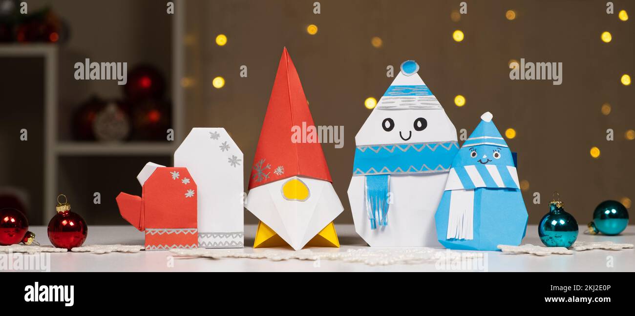 Christmas origami crafts made of paper - mittens, gnome, snowmen. DIY ...