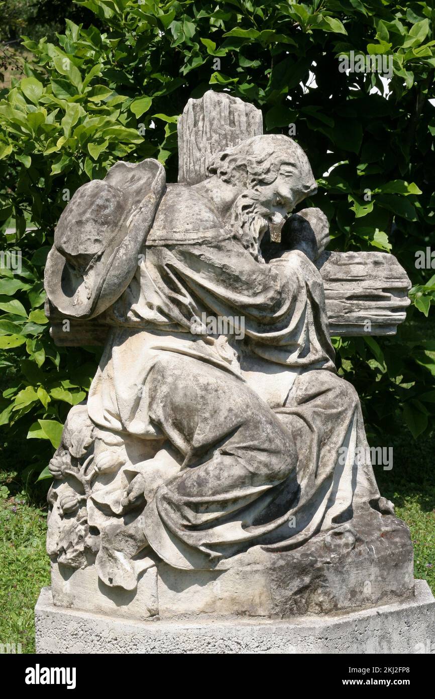 Tired pilgrim, statue in front of the National Shrine of Saint Joseph in Karlovac, Croatia Stock ...