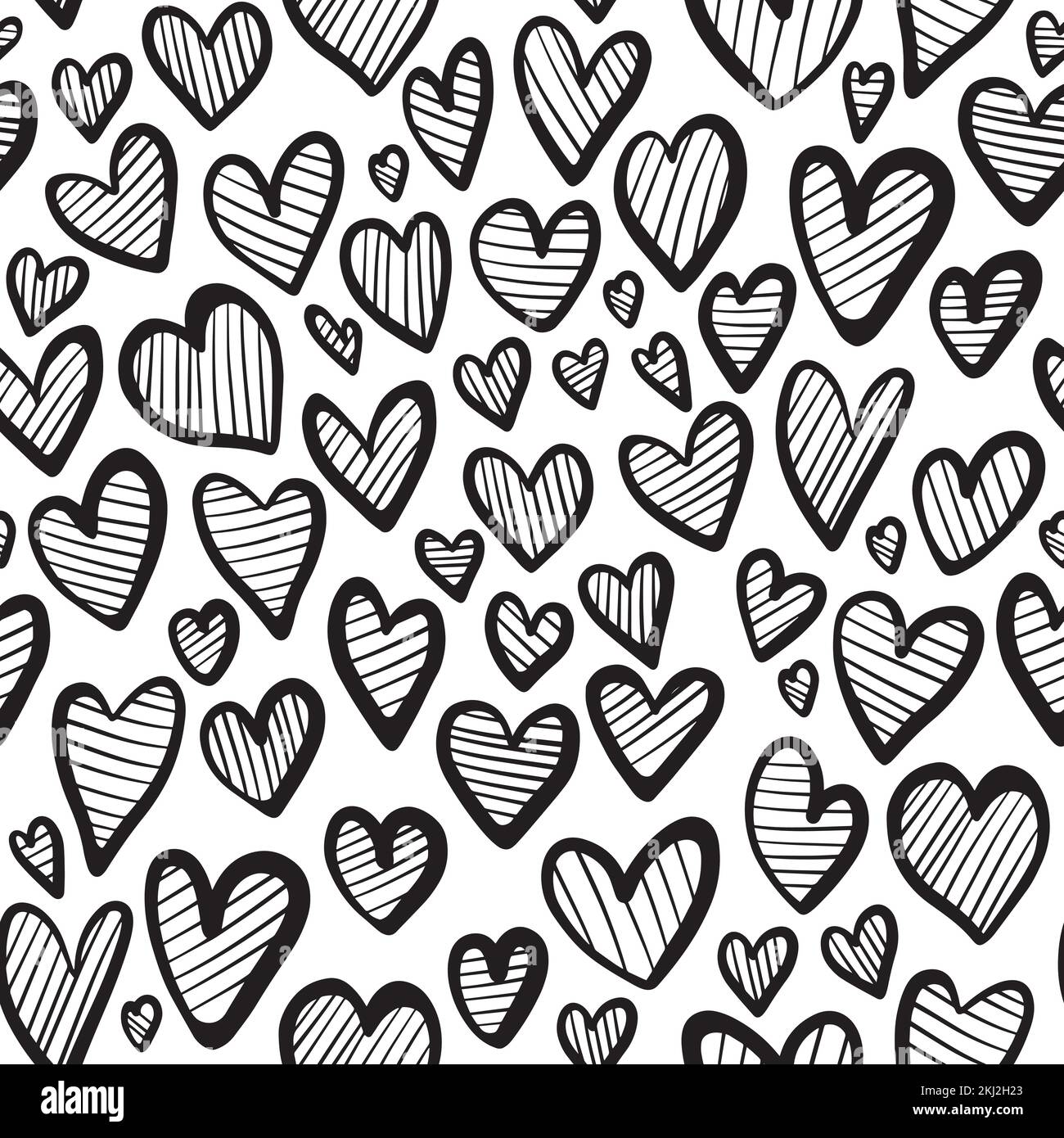 Heart shapes doodles seamless pattern. Black hand drawn valentine ...