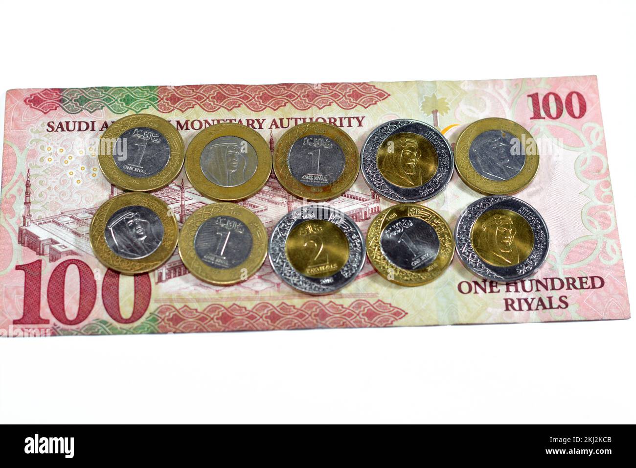 100 SAR one hundred Saudi Arabia riyals cash money banknote with pile ...