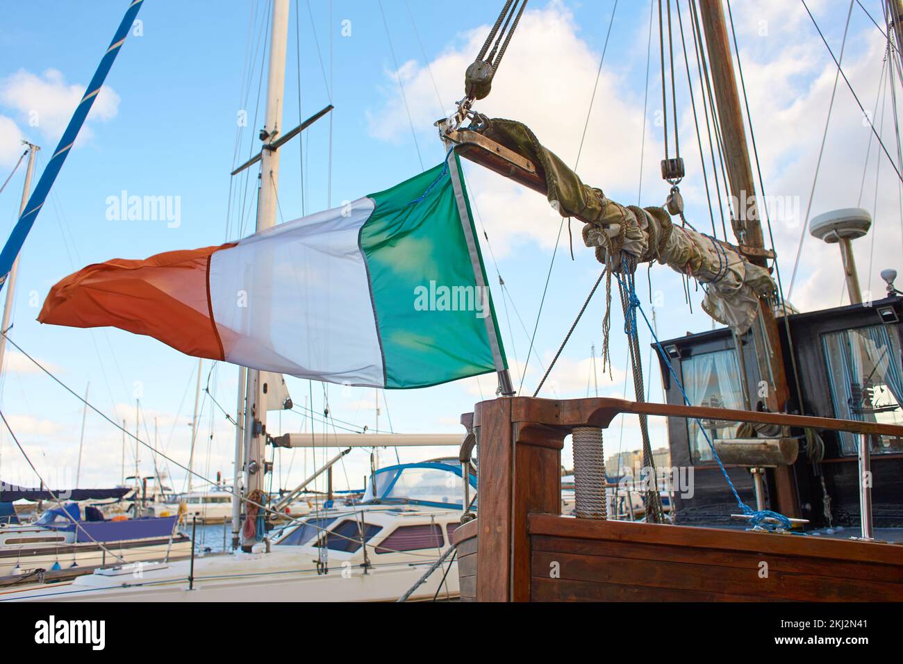 Sailboat ropes wooden pulley rigs. Old part of a sail boat Stock Photo ...
