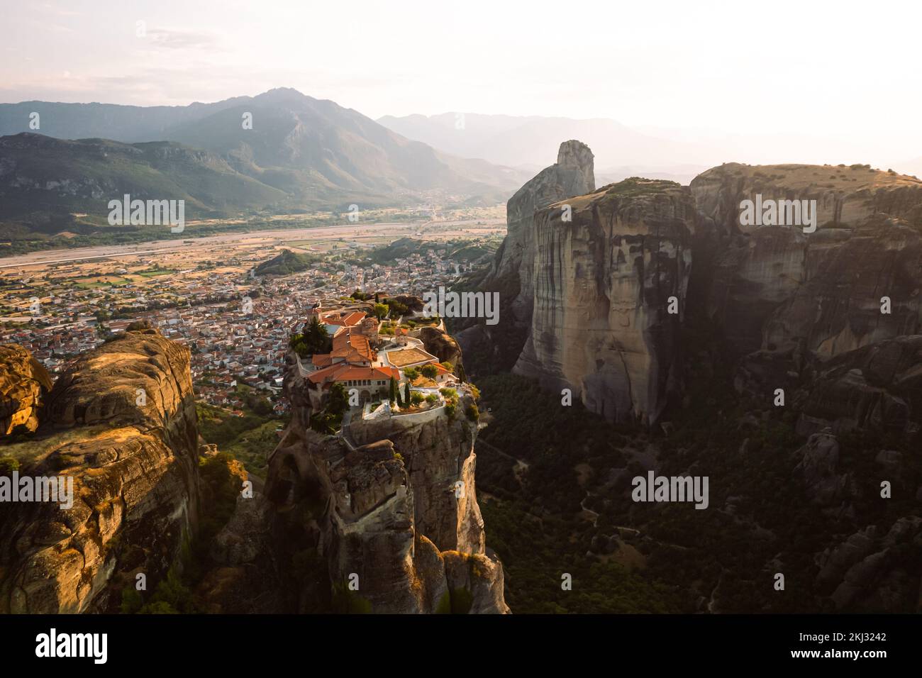 Aerial Drone View of Monastery in Meteora, Greece Golden Hour Sunset ...