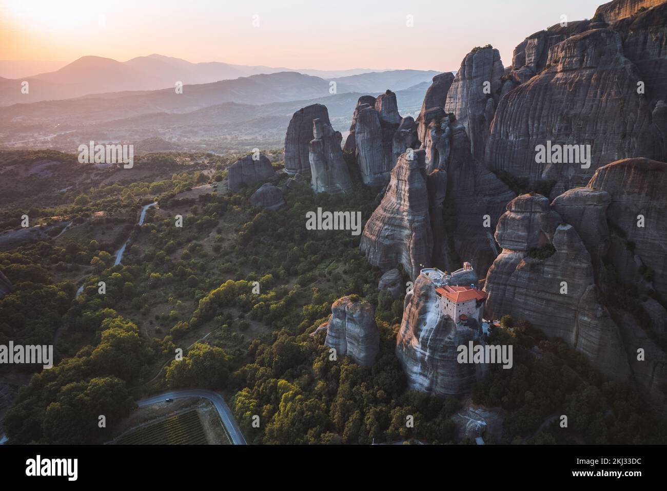 Aerial Drone View of Monastery in Meteora, Greece Golden Hour Sunset ...