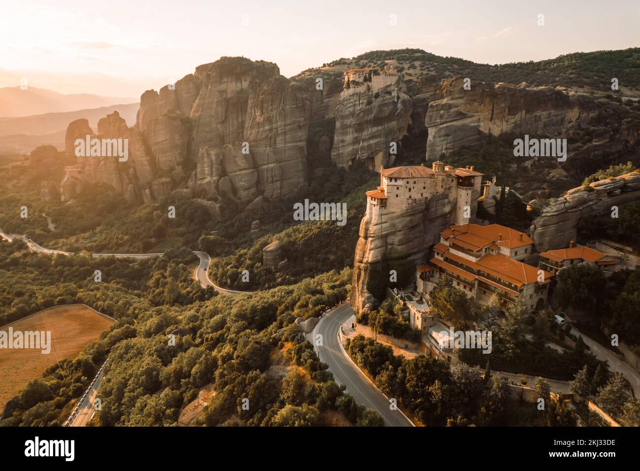 Aerial Drone View of Monastery in Meteora, Greece Golden Hour Sunset ...