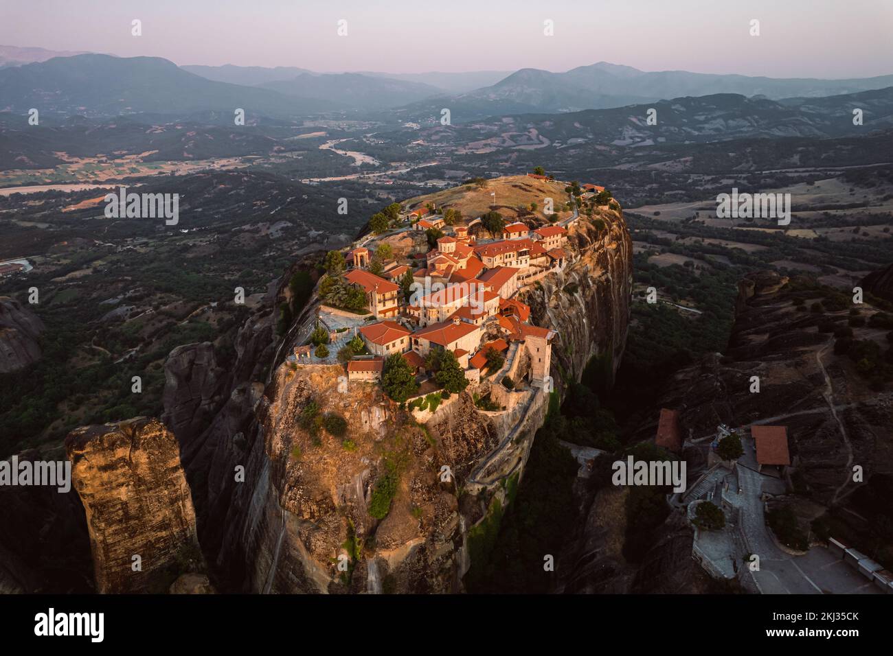 Aerial Drone View of Monastery in Meteora, Greece Golden Hour Sunset ...