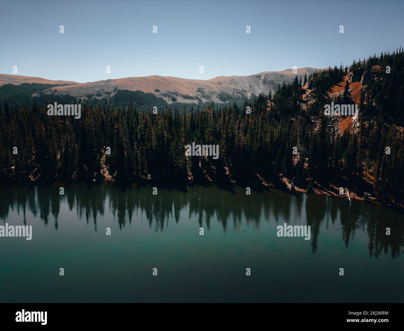 A green lake reflecting the fir trees around it on the background of ...