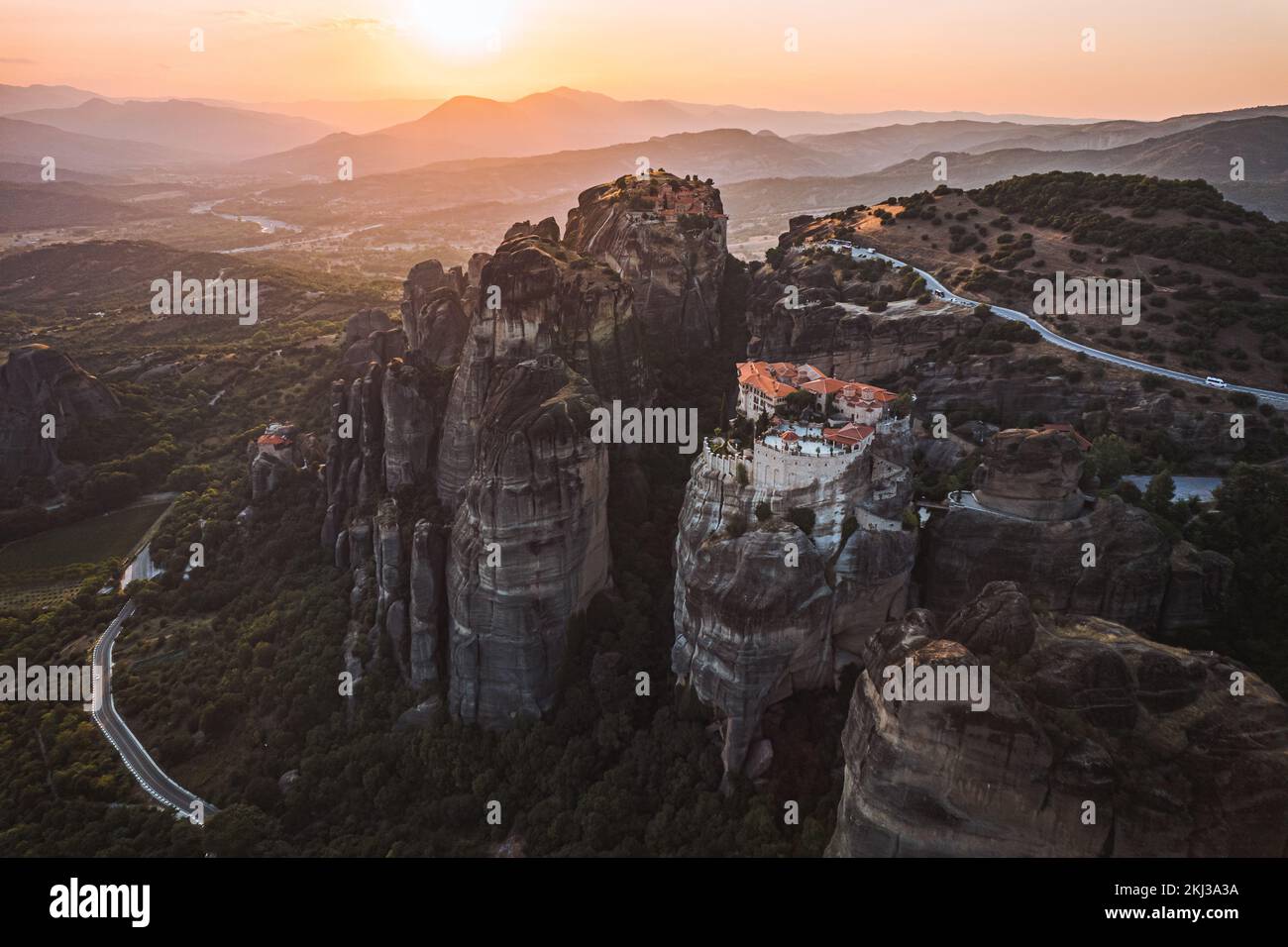 Aerial Drone View of Monastery in Meteora, Greece Golden Hour Sunset ...