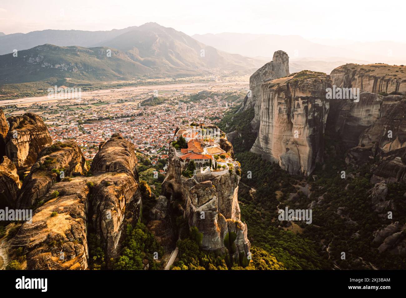Aerial Drone View of Monastery in Meteora, Greece Golden Hour Sunset ...