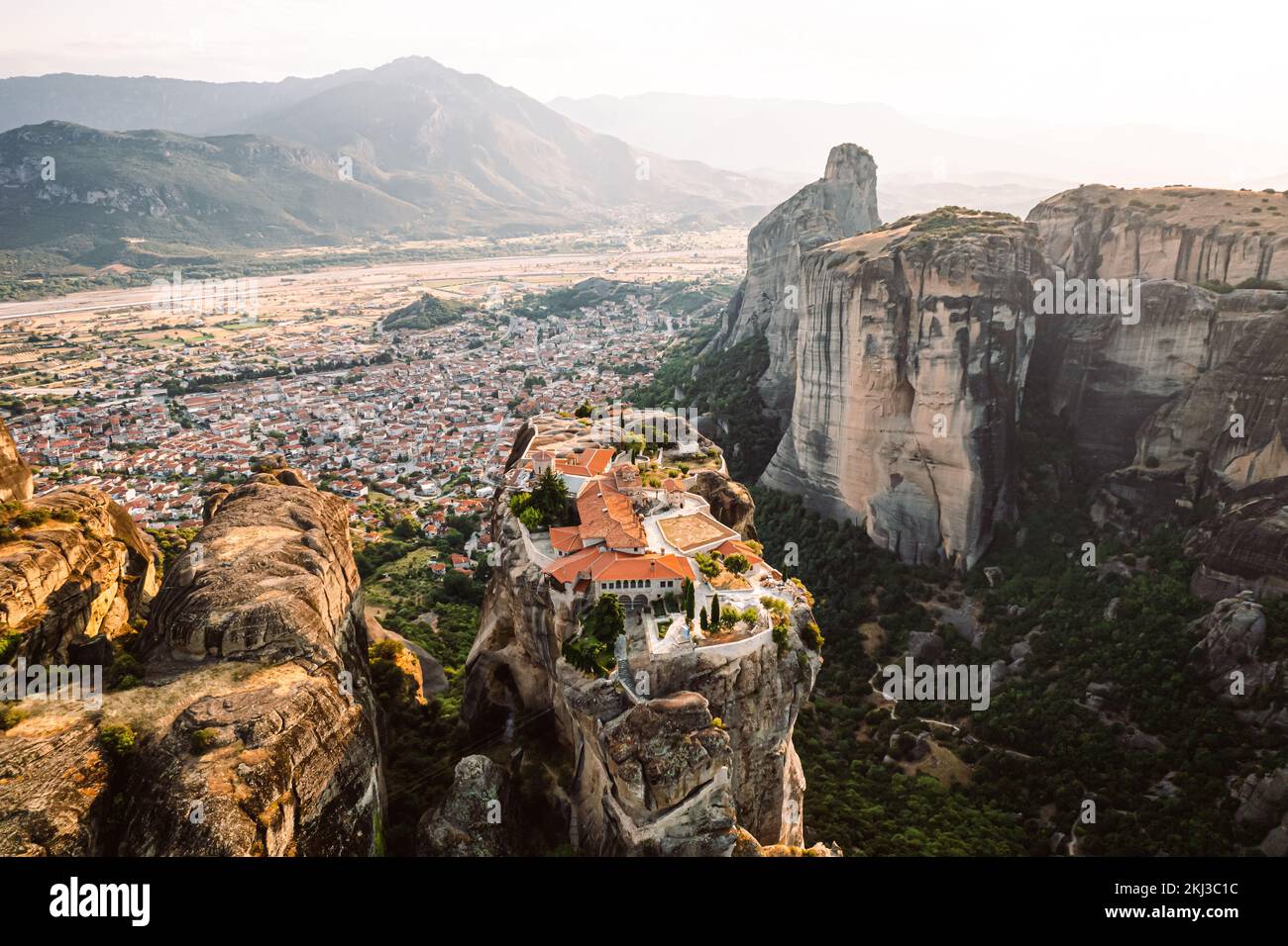 Aerial Drone View of Monastery in Meteora, Greece Golden Hour Sunset ...