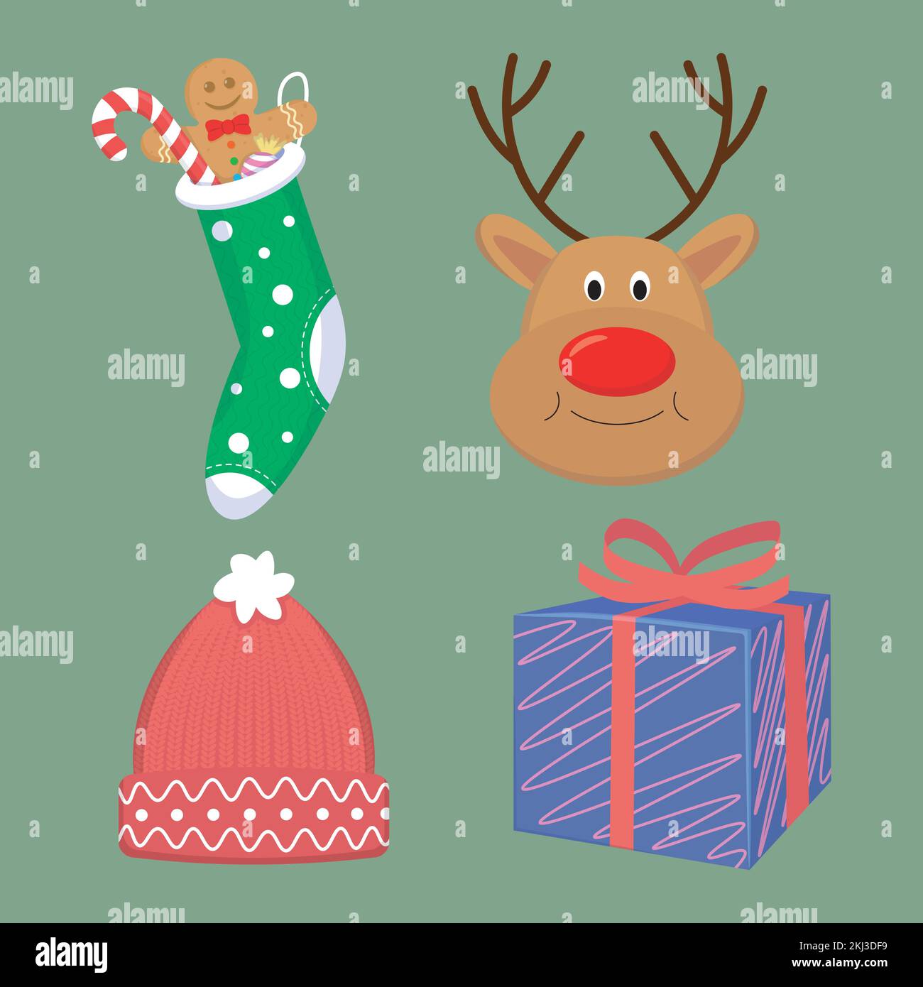 christmas set of vector elements includes sock with candies, winter hat ...