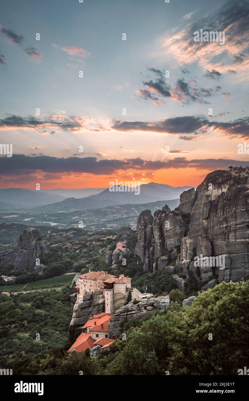 Aerial Drone View of Monastery in Meteora, Greece Golden Hour Sunset ...