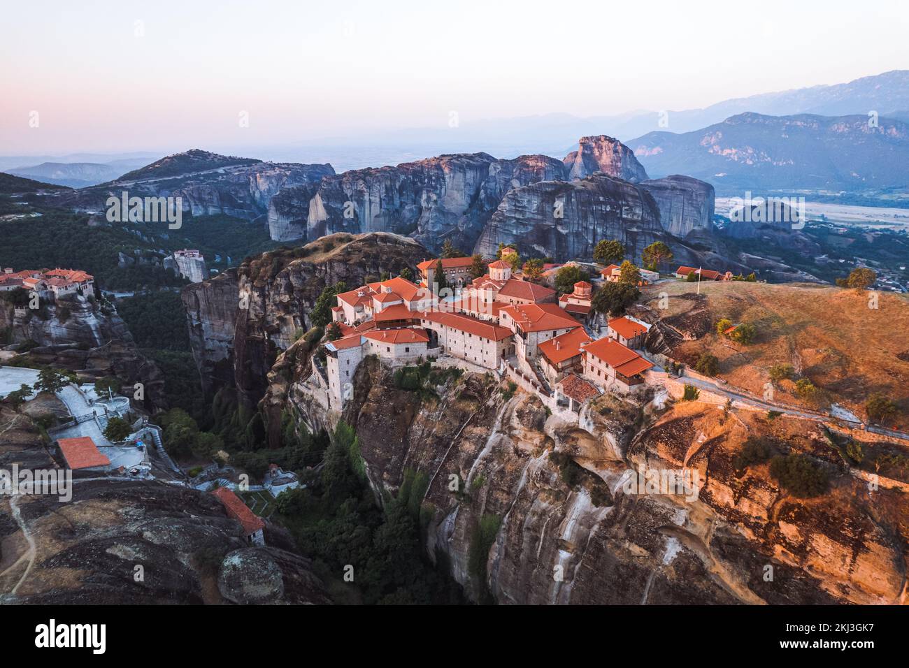 Aerial Drone View of Monastery in Meteora, Greece Golden Hour Sunset ...