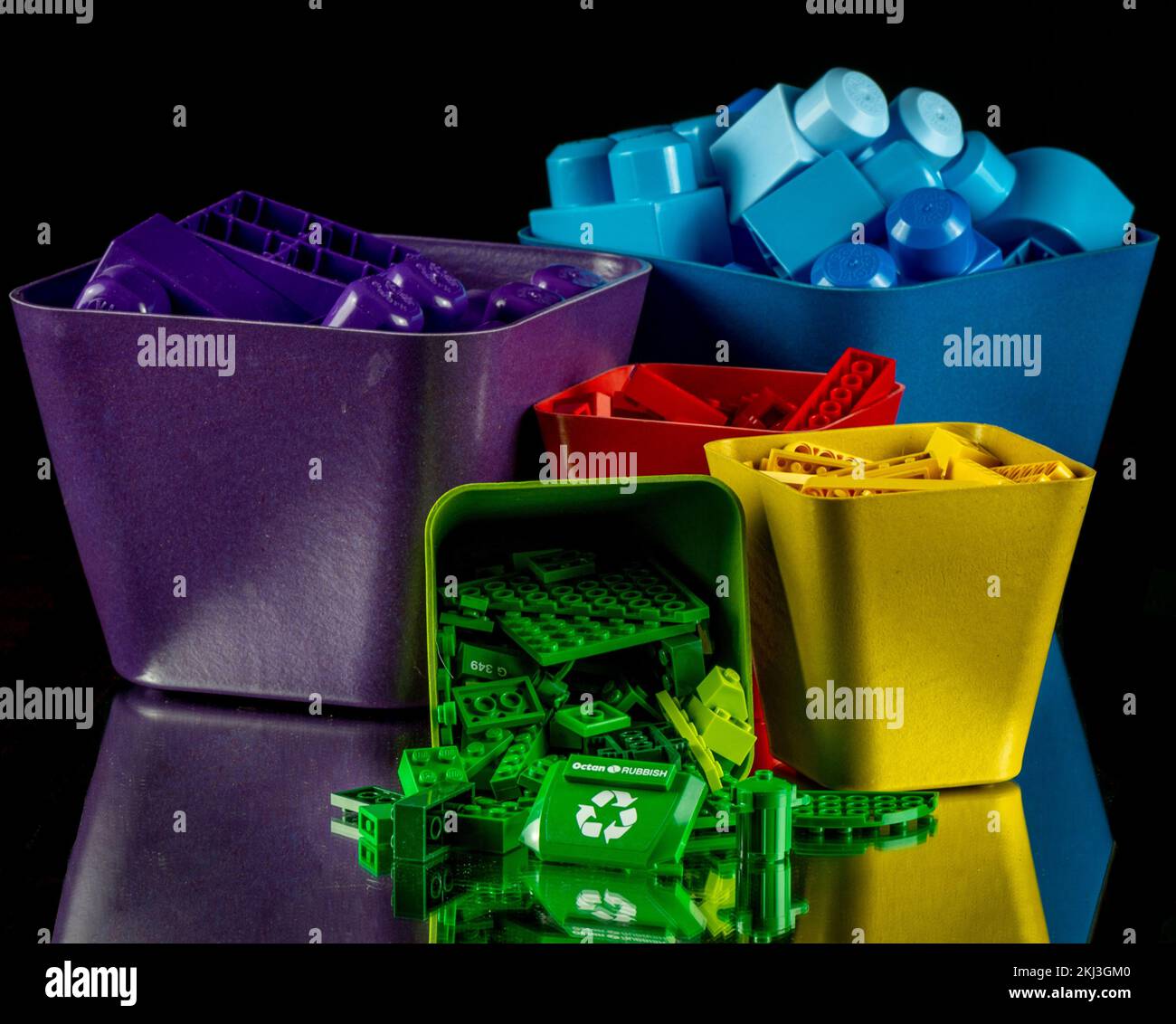 Various toy blocks and Legos sorted by color with a recycling sign Lego ...