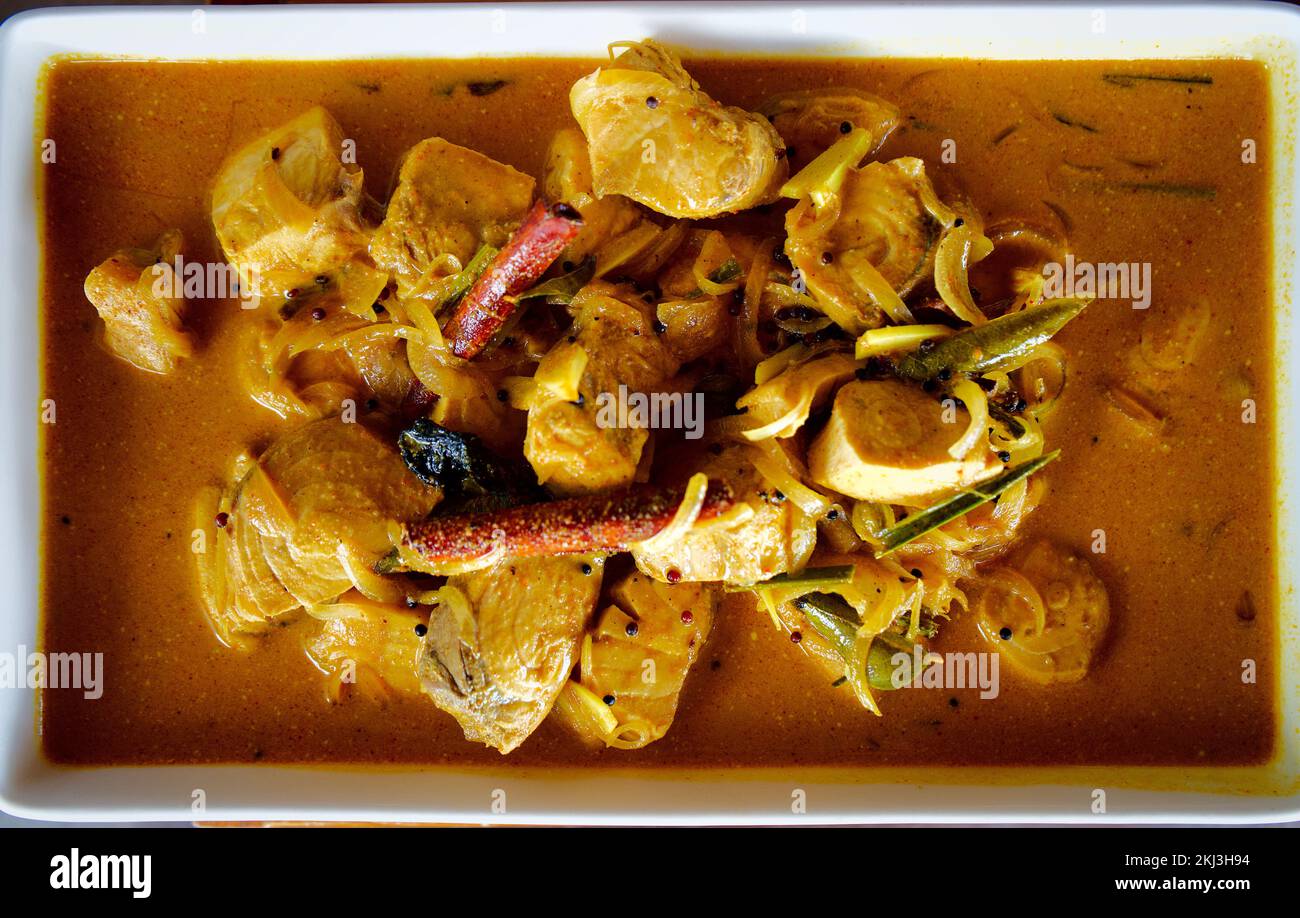 A top view of a South East Asian dish with curry and blue fish marlin ...