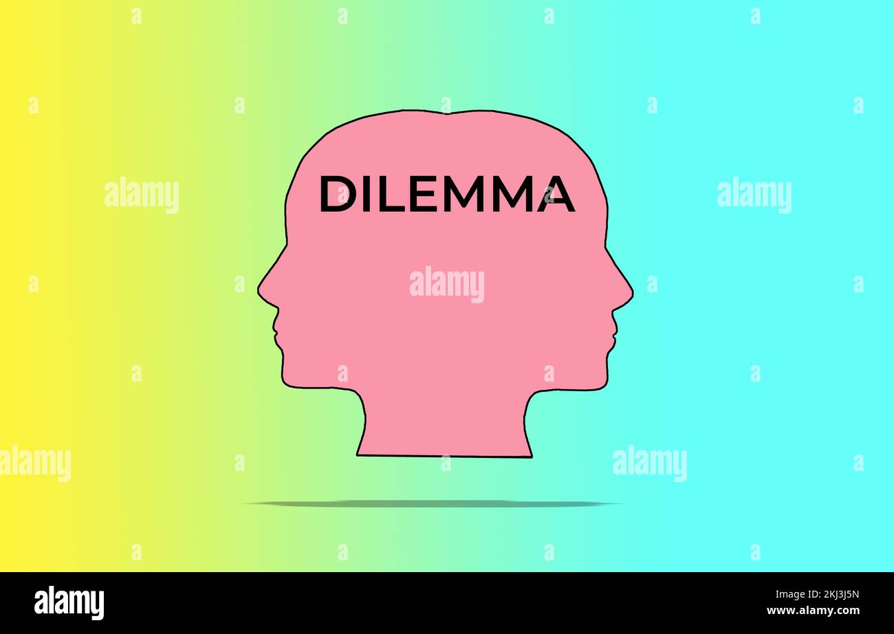 pink head in dilemma, one head with two faces looking in opposite ...