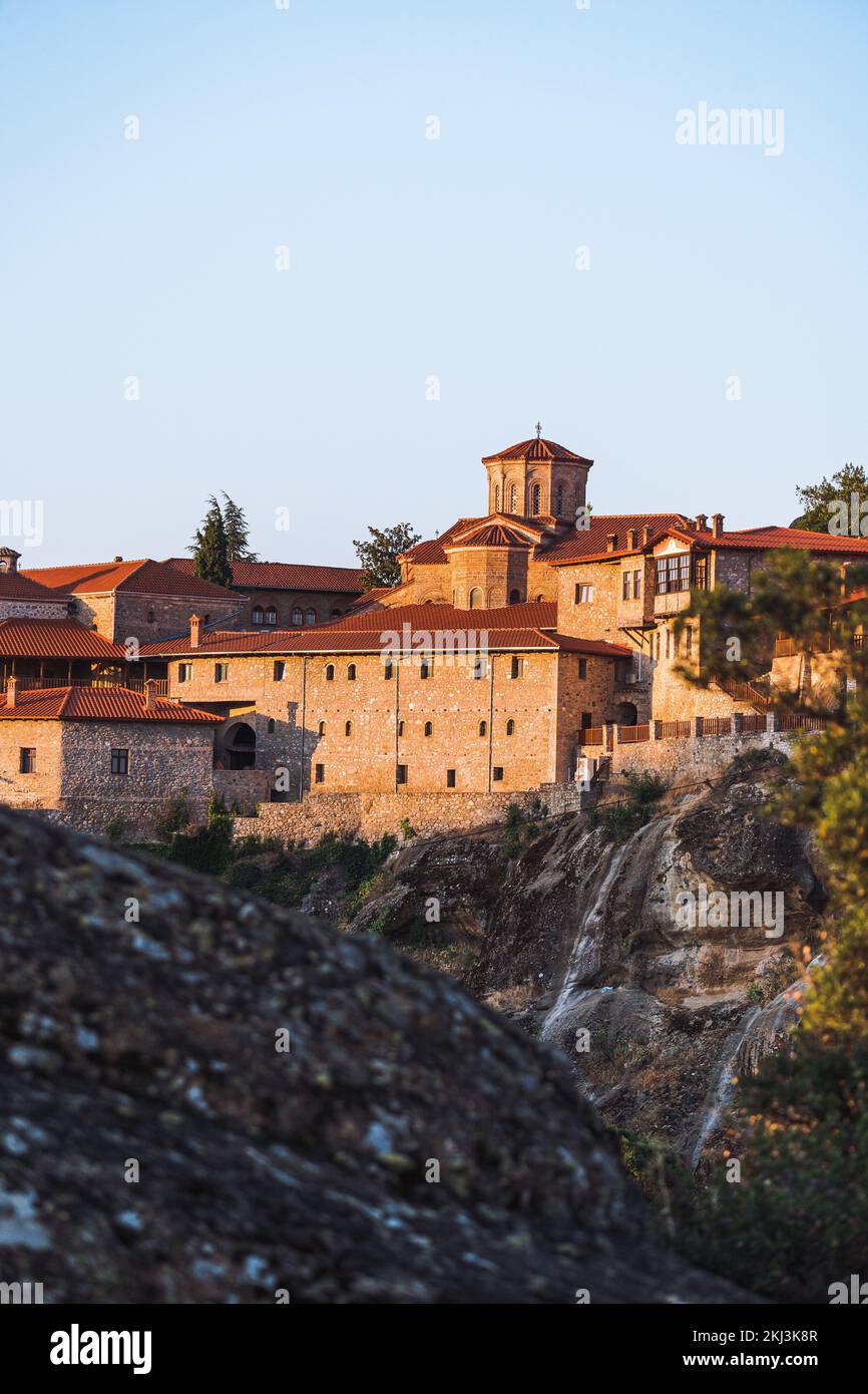 Aerial Drone View of Monastery in Meteora, Greece Golden Hour Sunset ...