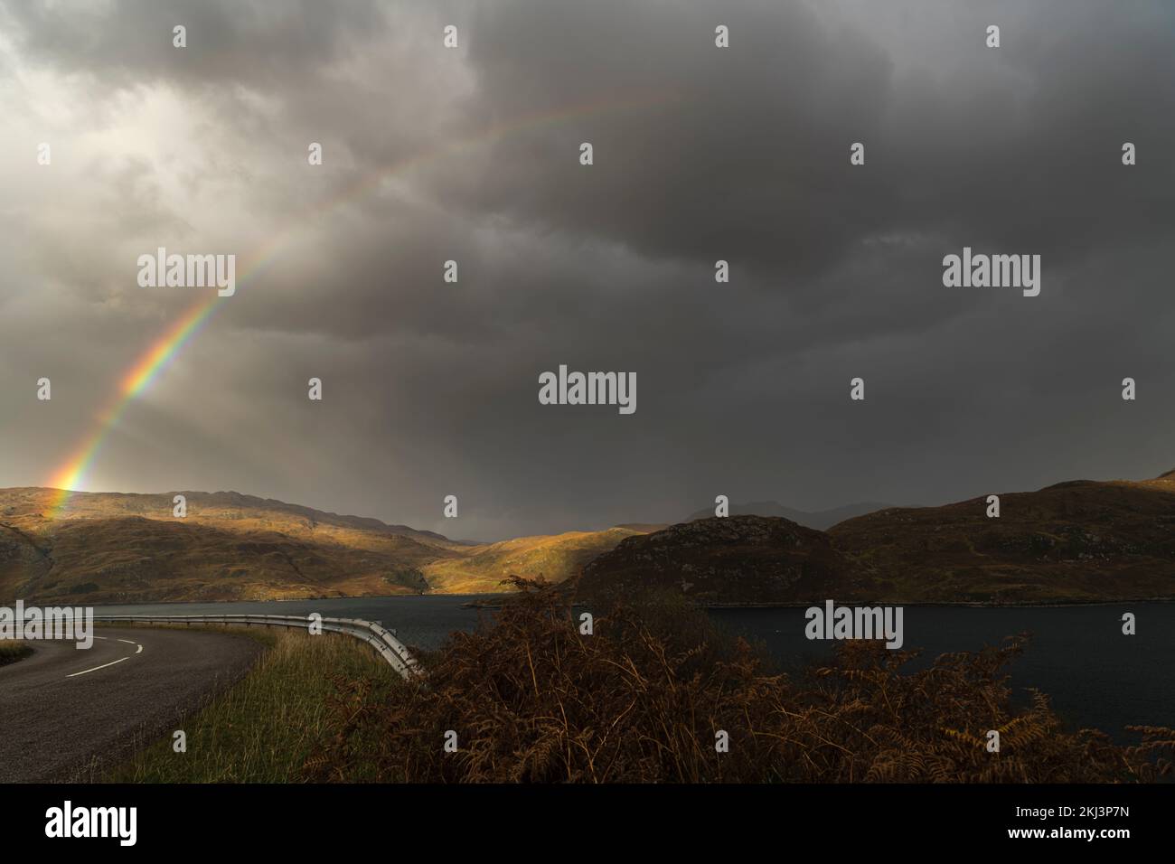 A wet, autumnal HDR image of a double rainbow over the Sutherland ...