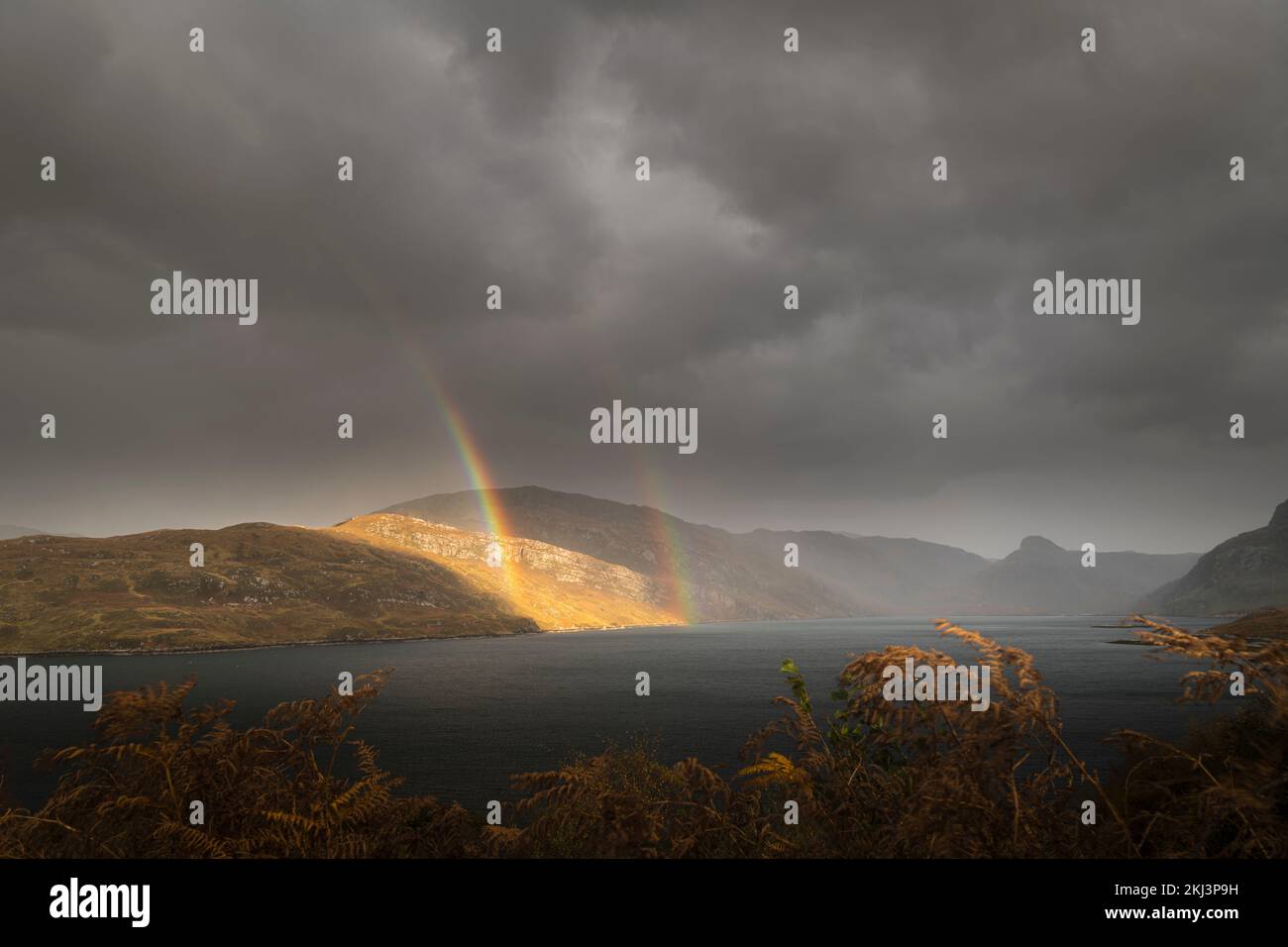 A wet, autumnal HDR image of a double rainbow over the Sutherland ...