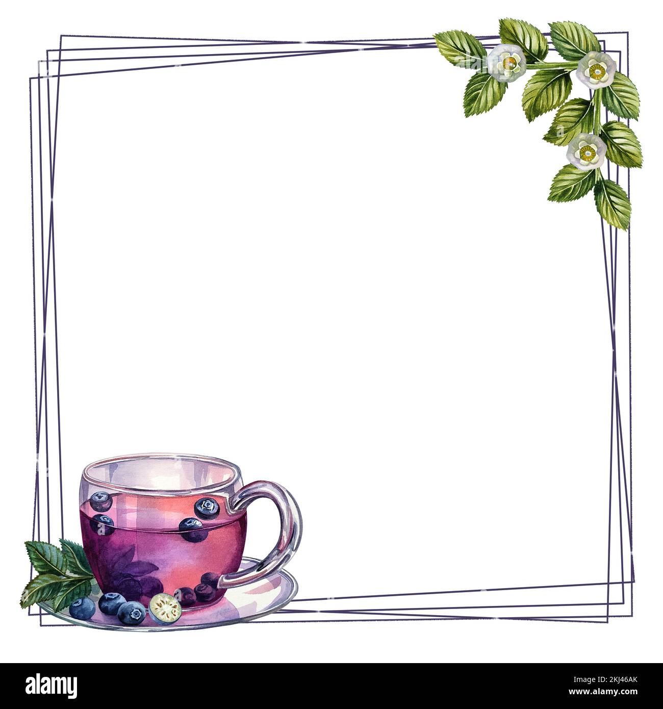 Frame with blueberry tea. Watercolor illustration. Fresh natural health ...