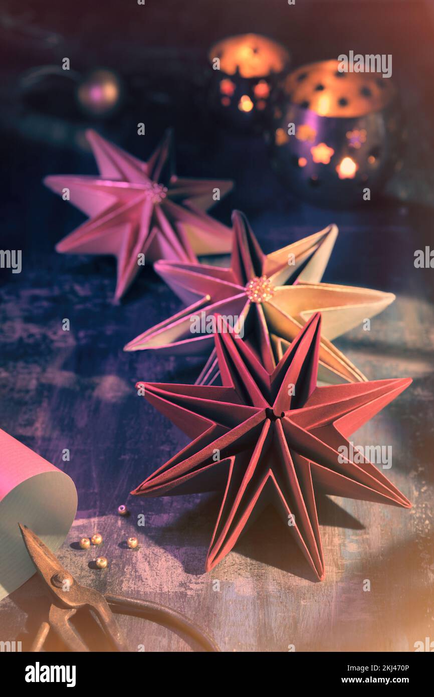 Handmade paper stars, self made Christmas decorations. Xmas ornaments ...