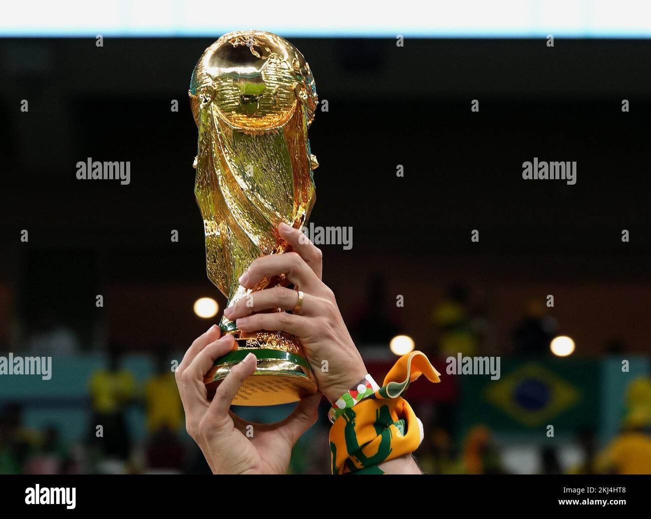 Brazil fan holds a replica of the World Cup trophy, in the stands ...