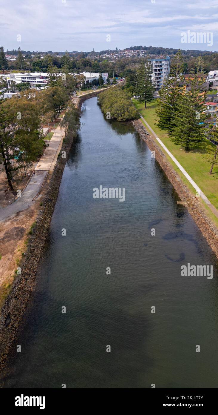 An aerial of a river in the city of Port Macquarie in NSW, Australia ...