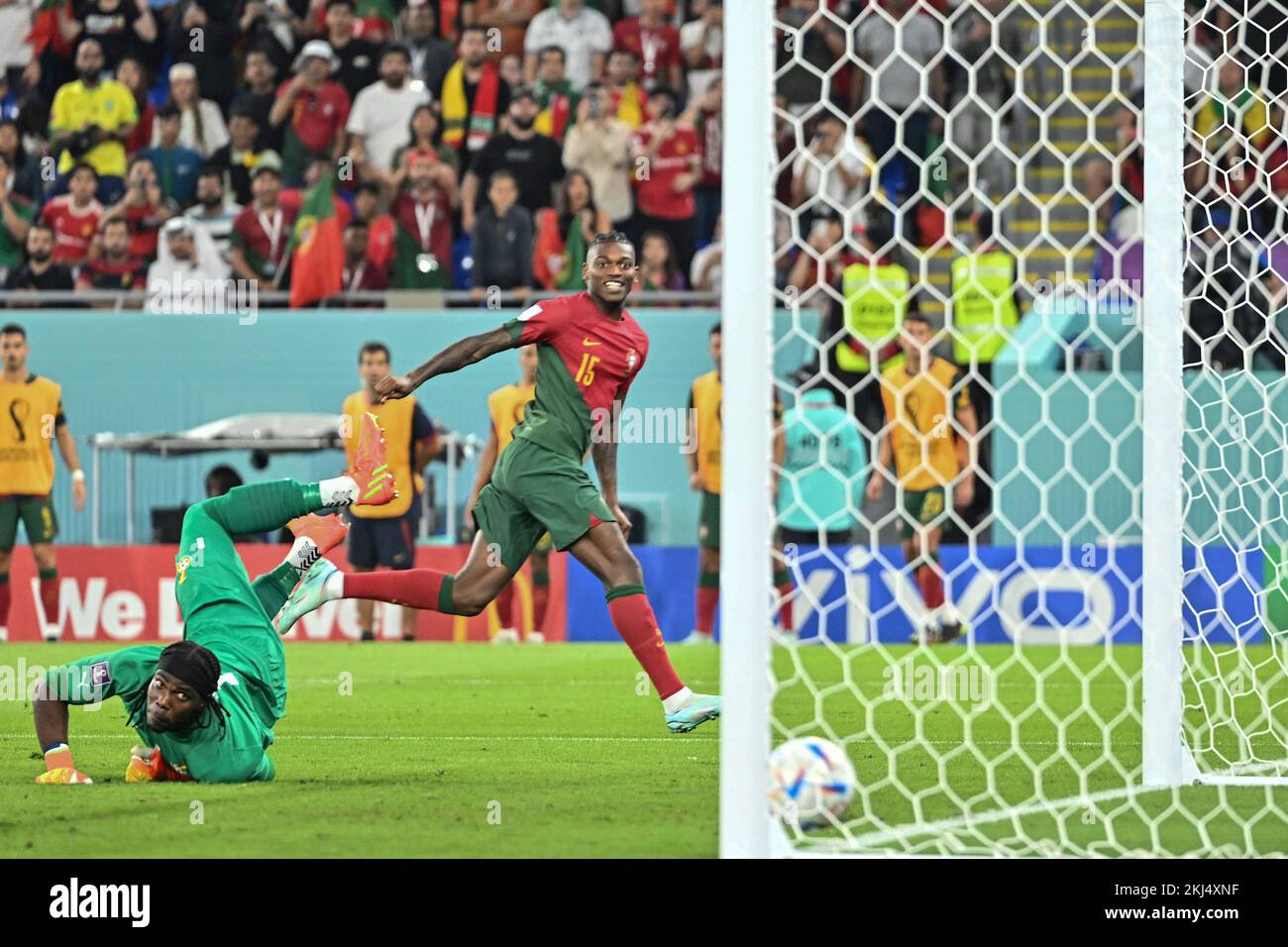 Doha, Qatar. 24th Nov, 2022. Rafael Leao (R) of Portugal shoots to score during the Group H ...