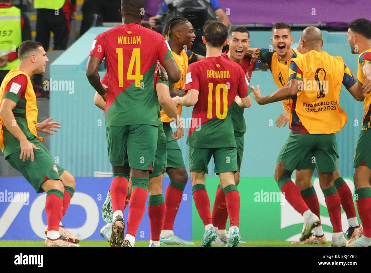 Doha, Qatar. 24th Nov, 2022. Portugal players celebrate Cristiano Ronaldo of Portugal penalty ...
