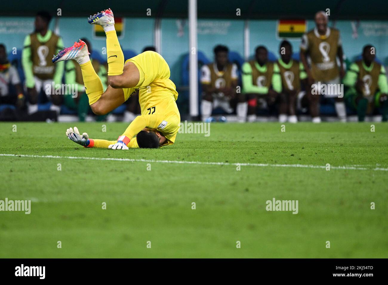 Doha, Qatar. 24th Nov, 2022. Diogo Costa, goalkeeper of Portugal, falls ...