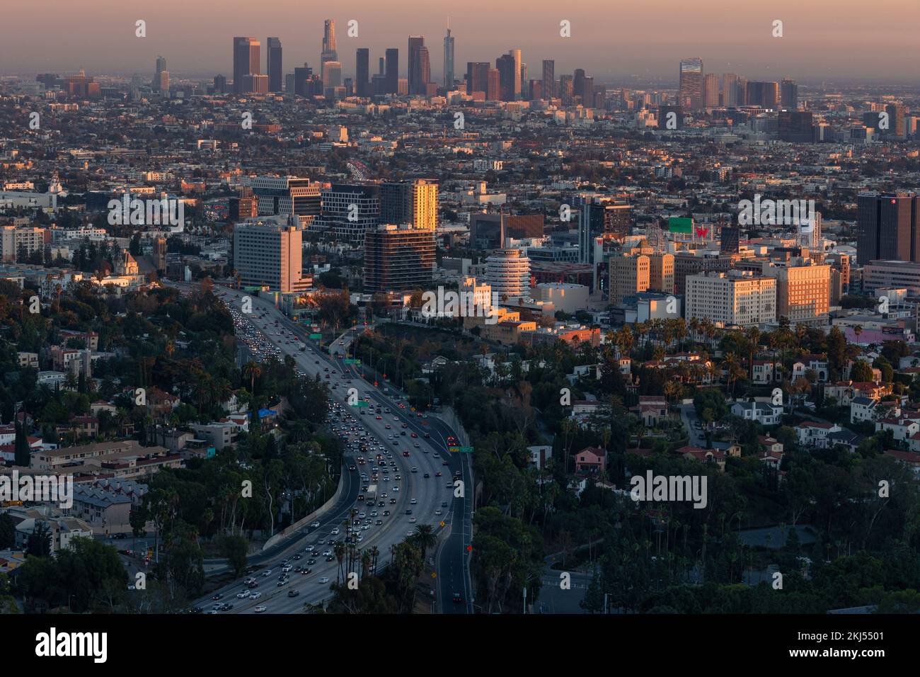 The 101 freeway leading into downtown Los Angeles at sunset Stock Photo ...