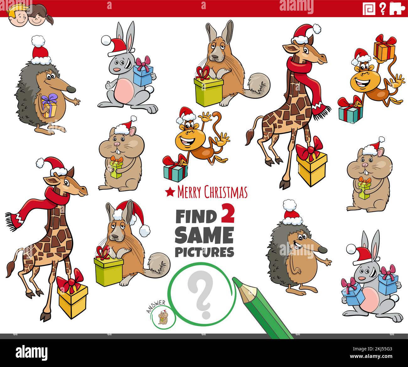 Cartoon illustration of finding two same pictures educational activity ...