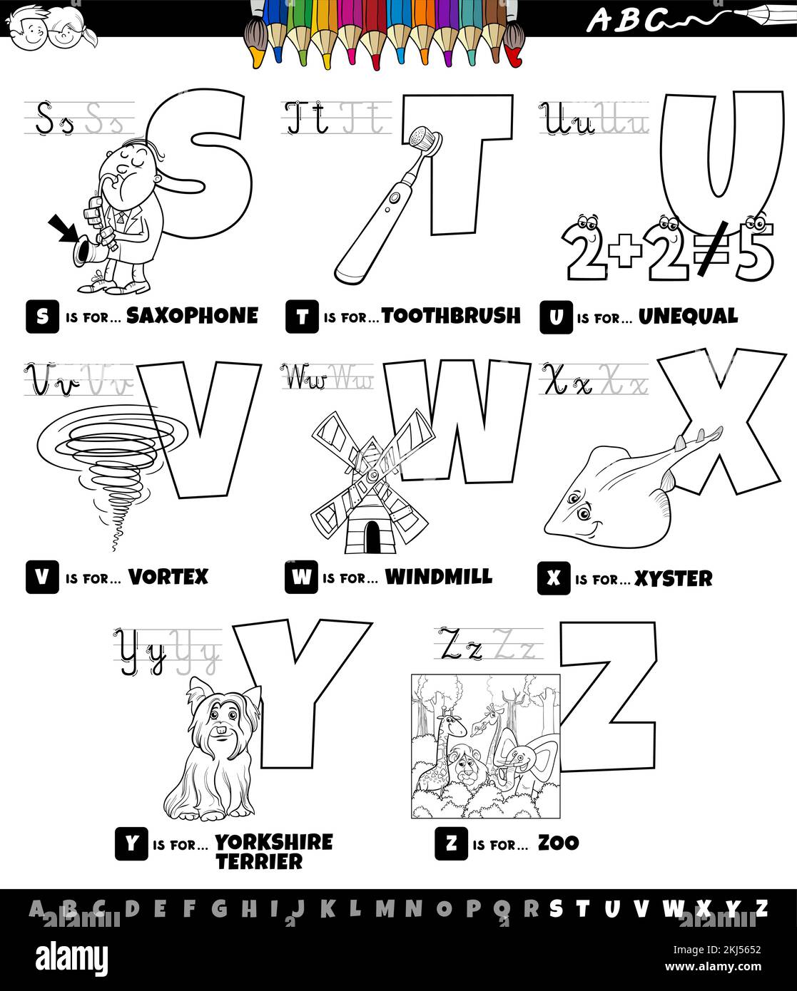 Black and white cartoon illustration of capital letters alphabet ...
